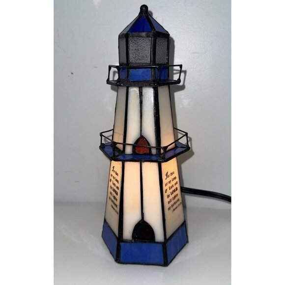 Accents | Vintage Stained Glass Lighthouse Table Lamp Blue Prayer ...